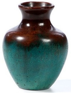Clewell Art Pottery; Vase, Copper Clad, Verdigris Patina, 5 inch.