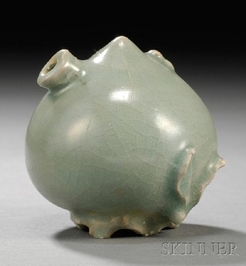 Pottery; Korean, Koryo Dynasty, Water Dropper, Peach-Form, Celadon, 3 inch.
