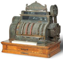 Cash Register; National, Model 542, Brass, Double Tape Reel, Oak Base.
