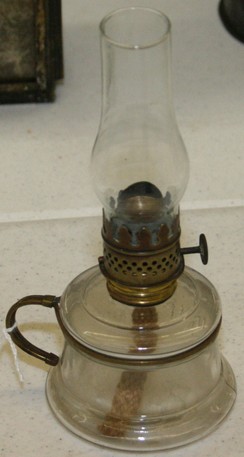 Oil Lamp; Miniature, Nutmeg, Colorless Glass.