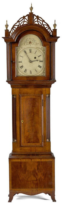 Dwarf Clock; Massachusetts, Federal, Mahogany, Fretwork Top, 48 inch.