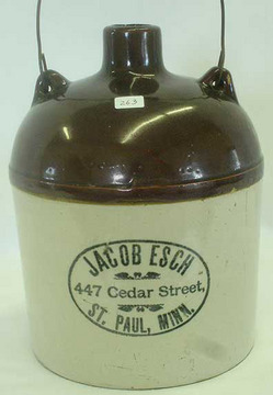 Red Wing Pottery; Jug, Shouldered, Jacob Esch, Brown Top, 1 Gallon.