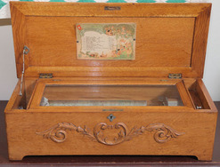 Music Box; Jacot Safety Check, Cylinder, Tune Sheet, Oak, 27 inch.