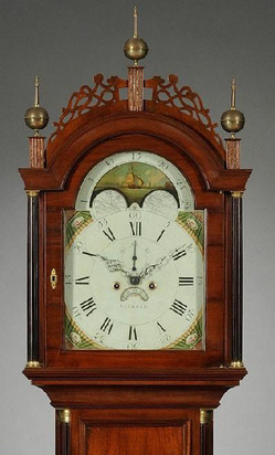 Tall Case Clock; Massachusetts, Federal, Taber (Stephen), Mahogany, Ship Dial, Line Inlay ...