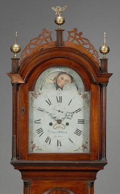 Tall Case Clock; Massachusetts, Federal, Willard (Aaron), Mahogany, 8-Day, Fretwork Crest, 94 inch.