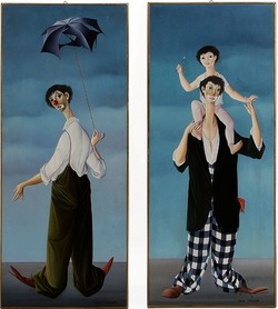 Canevari, Carlo; Oil on Panel Painting (2), signed, Clowns.