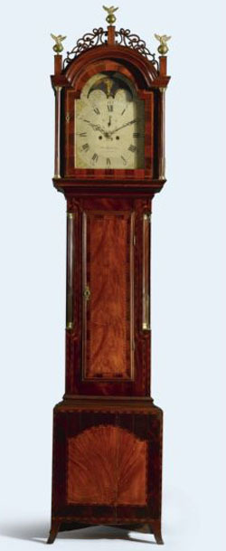 Tall Case Clock; New Hampshire, Federal, Hutchins (Abel), Mahogany & Birchwood, Fretwork, 97 inch.