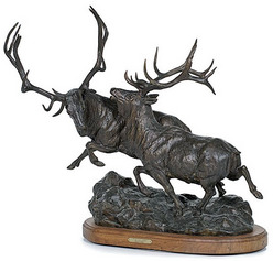 Bronze Sculpture; Schaefer (David), signed, Fighting Elk on Rocky ...