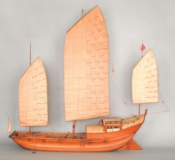 Model; Chinese Junk, Carved, 3 Masts, Sails, 5 ft.
