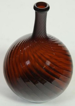 Pattern Molded Glass; Bottle, Globular, Zanesville, 24 Ribs, Amber, 8 inch.