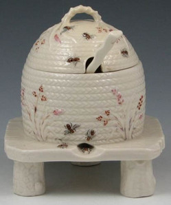 Belleek Porcelain; Irish, Honey Pot & Spoon, Grass Decorated, 1st Black ...