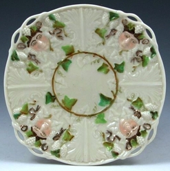 Belleek Porcelain; Irish, Plate, Masks & Green Leaves, Loop Handled Rim ...
