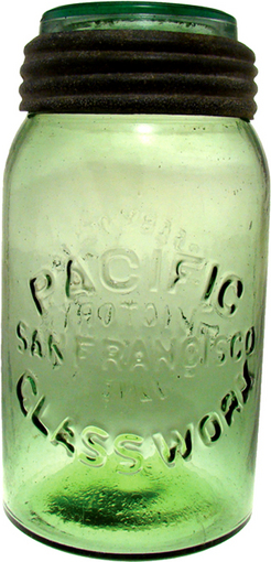 Canning Jar; Pacific Glass Works, San Francisco Victory, Green, Lid, Quart.
