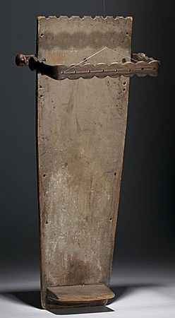 Cradleboard; Mohawk, Carved, Painted, Bear & Bird Decoration, 31 inch.