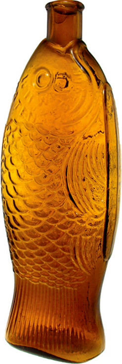 Bitters Bottle; Doctor Fisch's Bitters, WH Ware Patented 1866, Fish, Amber.