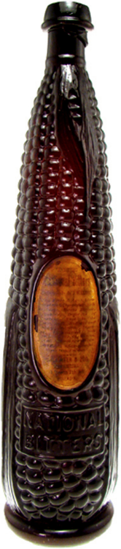 Bitters Bottle; National Bitters, Ear of Corn, Red, Paper Label, 12 inch.