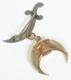 Pin; Shriners, 14K Gold, Sword with Horn Crescent Pendant.