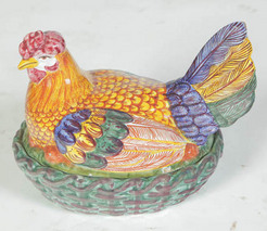 Delft Pottery; Continental, Tureen, Hen on Nest, Polychromed, 8 inch.