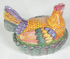 Delft Pottery; Continental, Tureen, Hen on Nest, Polychromed, 8 inch.
