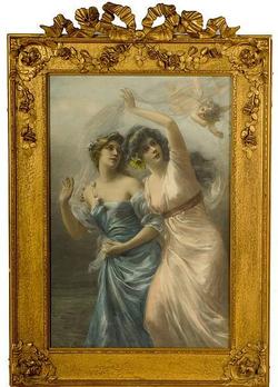 Bisson, Edouard; Lithograph, dated 1902, Two Maidens and Cherubim, 29 inch.