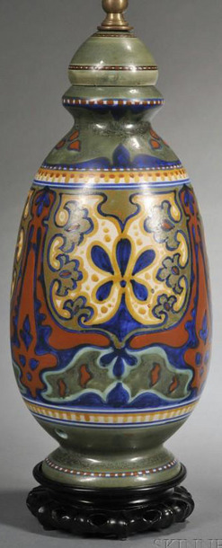 Lamp Base; Gouda Pottery, PZH, Suled Pattern, Foliage, 15 inch.