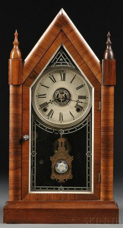 Shelf Clock; Welch (EN), Steeple (or Sharp Gothic), Mahogany, Silvered ...