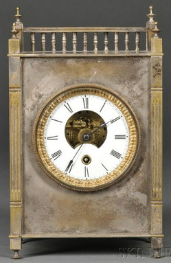Mantel Clock; Harvard Clock Co, Silvered Brass, Galleried Top, 4 ...