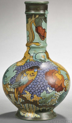 Gouda Pottery; Vase, PZH, Bejo Pattern, Bird in Floral & Foliate, 9 inch.