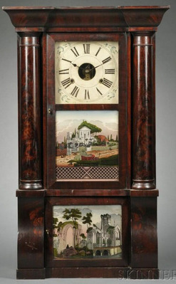 Shelf Clock; Birge & Peck, Column & Cornice, Mahogany, Painted Tablets ...