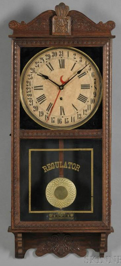 Regulator Clock; Sessions Clock Co?, 8-Day, Calendar, Wall, Oak, 38 inch.