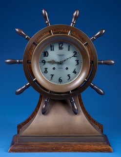 Ship's Clock; Chelsea, Marine, Brass & Oak Stand, 18 inch.