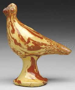 Redware; Whistle, Bird Form, Marbleized Glaze, 6 inch.