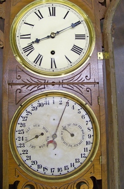 Calendar Clock; Welch (EN), Damrosch, Double Dial, Walnut, Wall, 8-Day ...