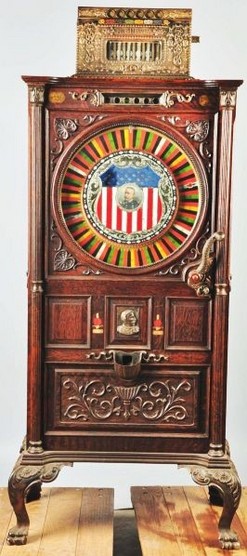 Slot Machine; Mills, Dewey, Color Wheel, US Shield, Oak Cabinet.