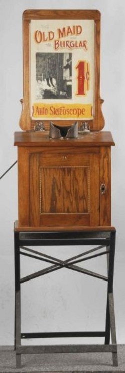 Arcade; Mutoscope, Oak Case, Old Maid Burglar Marquee, Scissor Stand.