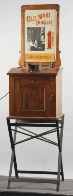 Arcade; Mutoscope, Oak Case, Old Maid Burglar Marquee, Scissor Stand.