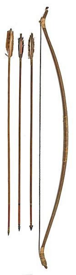 Bow; Sierra Miwok, Recurved, Sinew Backed, Hide Grip, 3 Arrows, 41 inch.