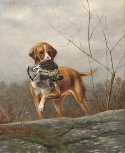 Pope, Alexander; Oil on Canvas Painting, signed 1887, Hunting Dog with ...
