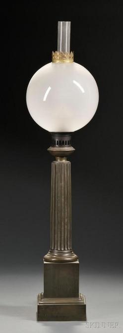 Argand Lamp; French, Brass, Columnar, Frosted Glass Globe Shade, 31 inch.