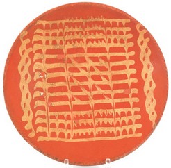 Redware; Pie Plate, Coggled Rim, Combed Yellow Slip, 9 inch.
