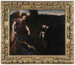 Italian School; Oil on Canvas Painting, Angel Presenting Crucifix.