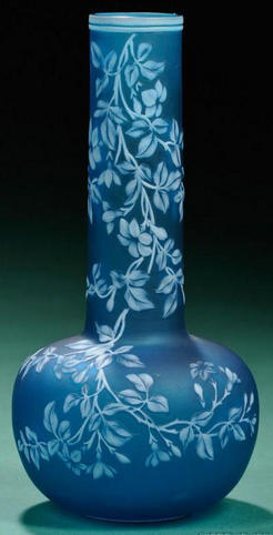 Webb Glass; Cameo, Vase, Flowers & Vines, Blue Ground, 9 inch.