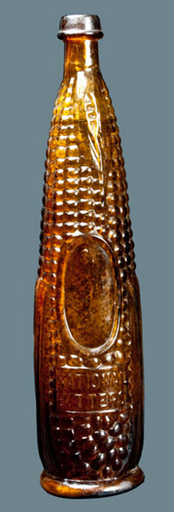 Bitters Bottle; National Bitters, Ear of Corn, Amber, 12 inch.