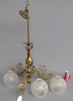 Chandelier; American, Gasolier, Cornelius & Co, Brass?, 3 Lights ...