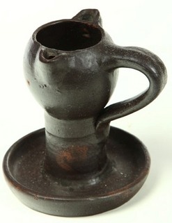 Fat Lamp; Routson (Samuel)?, Redware, Double Spout, Albany Slip, 5 inch.