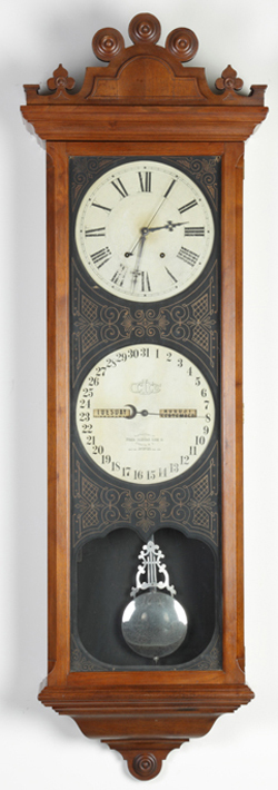 Calendar Clock; Ithaca, Regulator, Walnut, Wall, 8 Day, 67 inch.