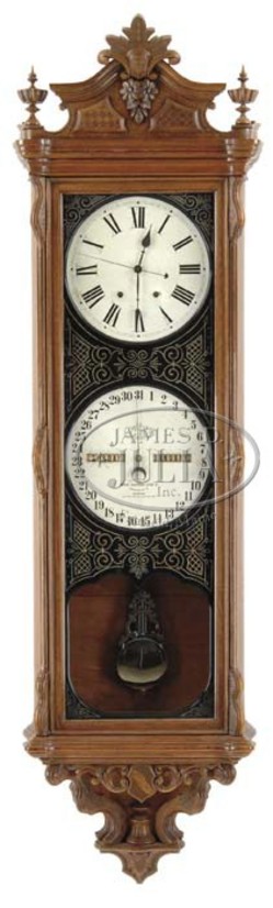 Calendar Clock; Ithaca, Regulator No 1, Walnut, Wall, 8 Day, 74 inch.