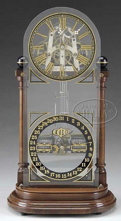 Calendar Clock; Ithaca, Skeleton, Welch 1870 Movement, Glass Dome, 25 inch.