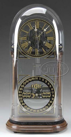 Calendar Clock; Ithaca, Skeleton, Welch 1870 Movement, Glass Dome, 25 inch.