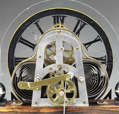 Calendar Clock; Ithaca, Skeleton, Welch 1870 Movement, Glass Dome, 25 inch.